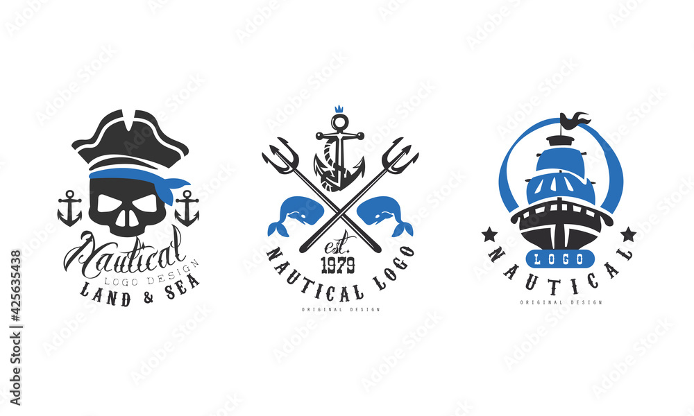 Nautical Logo Design Templates Set, Land and Sea Retro Labels, Nautical ...