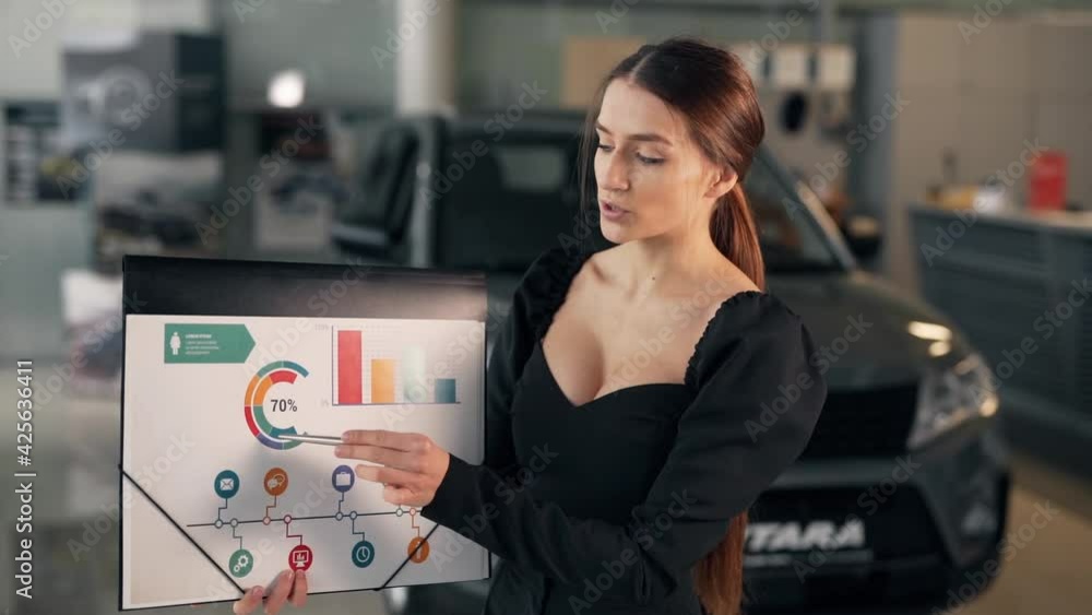 beautiful girl gives a presentation on a slide with infographics on the ...