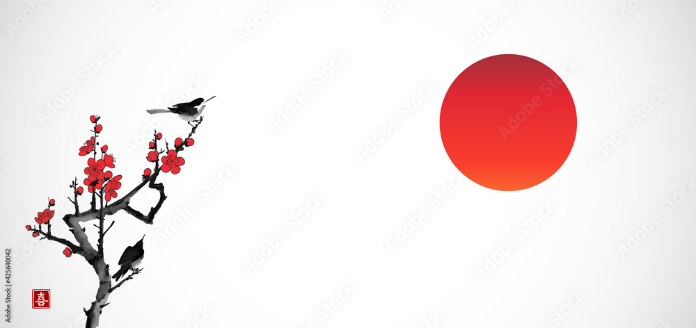 Two little birds sitting on blossoming branch of oriental sakura cherry ...