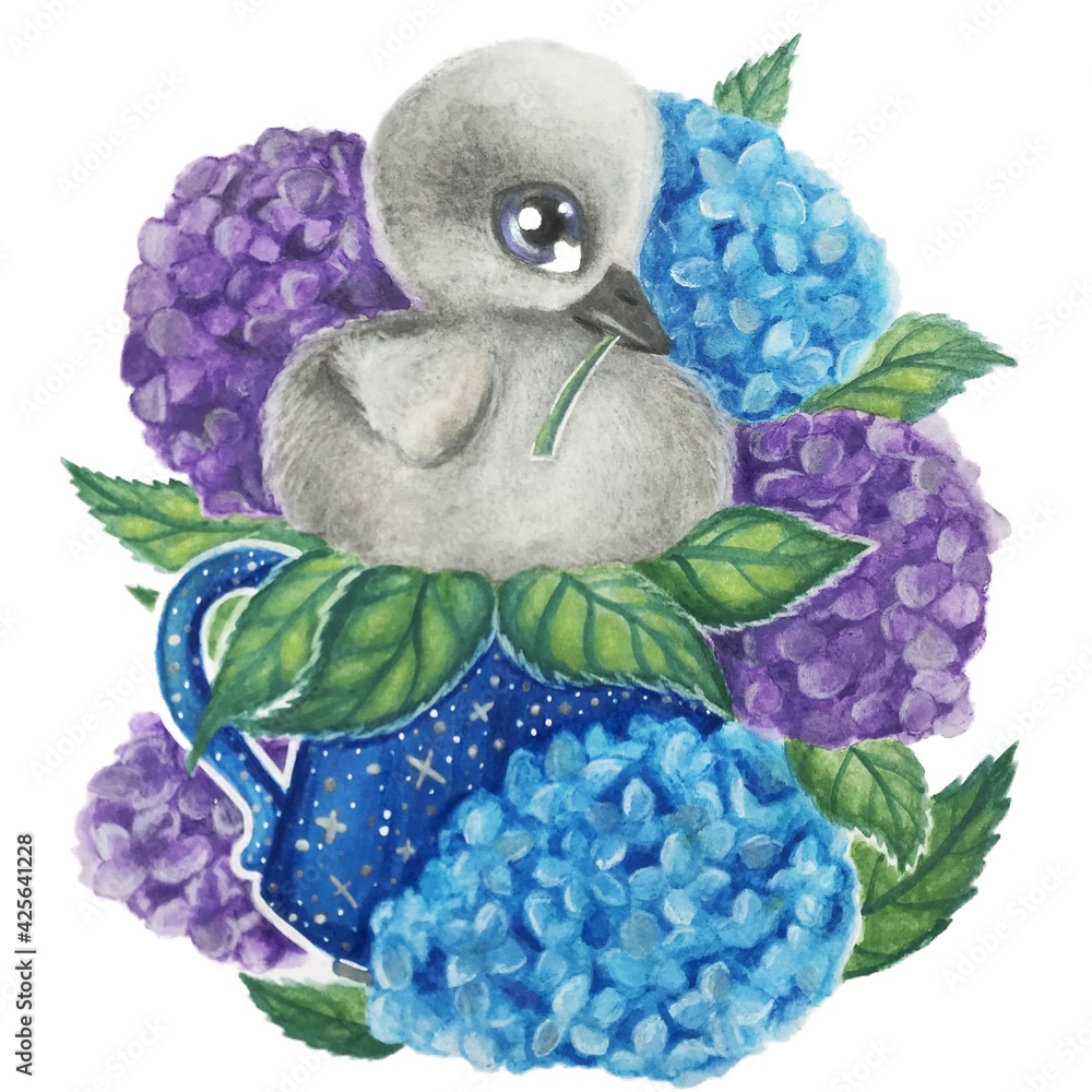 Watercolor drawing sketch painting of swan with flowers hydrangea Stock ...