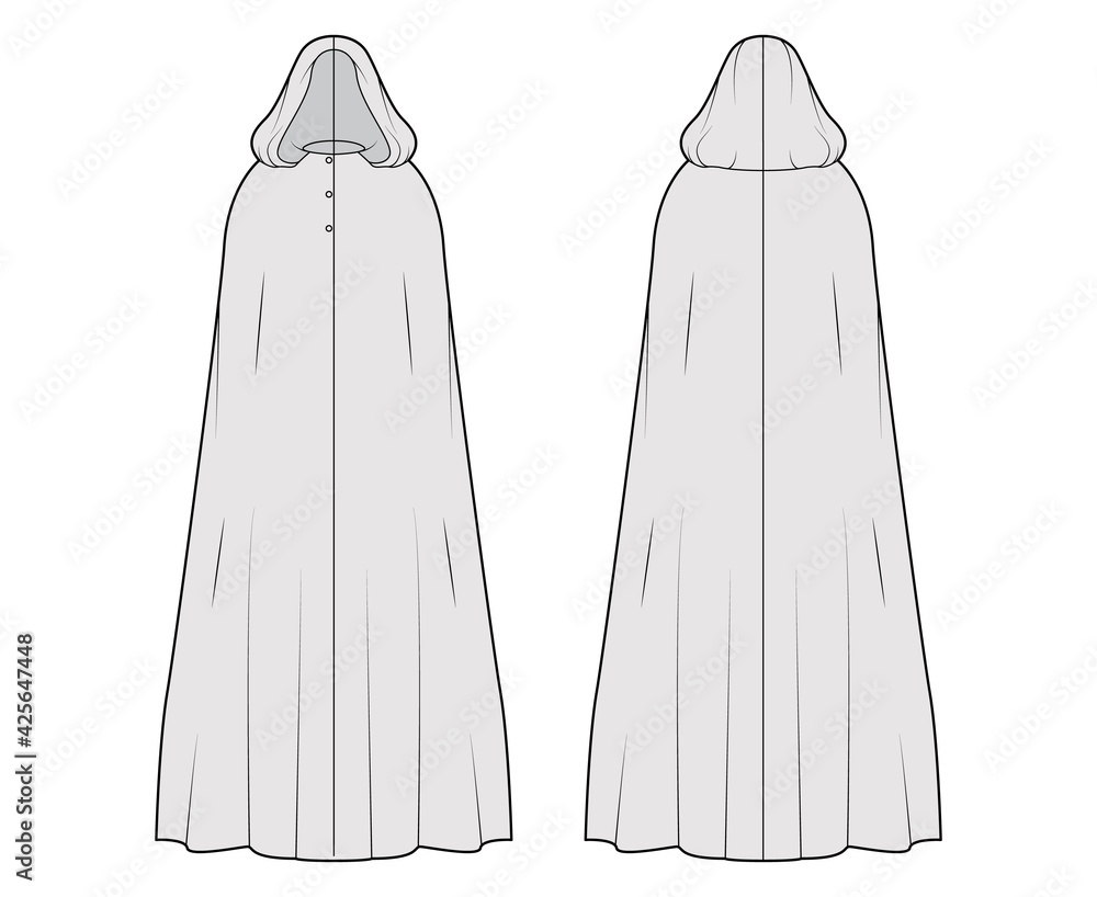 Cloak coat technical fashion illustration with hood, oversized trapeze ...