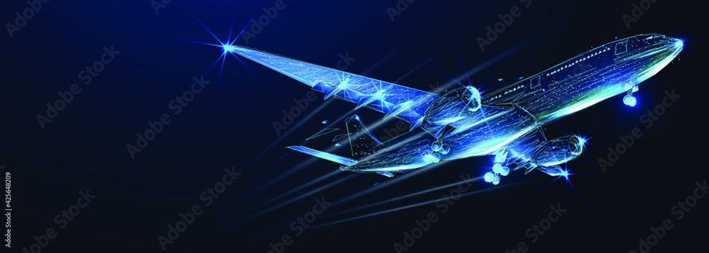 Digital 3d airplane. Abstract vector wireframe of airliner in the blue ...