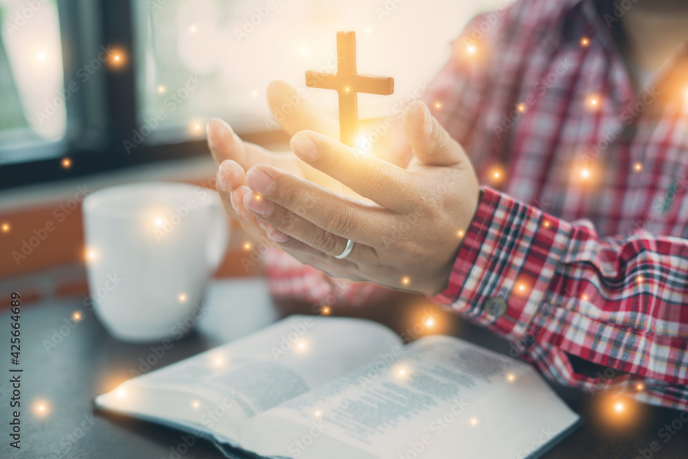 Christian hand while praying and worship for christian religion with ...