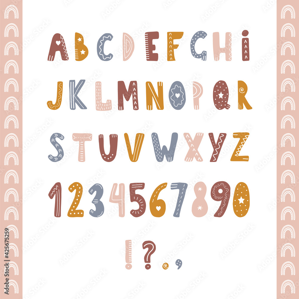Hand drawn alphabet in boho style. Cute letters and numbers for banners ...