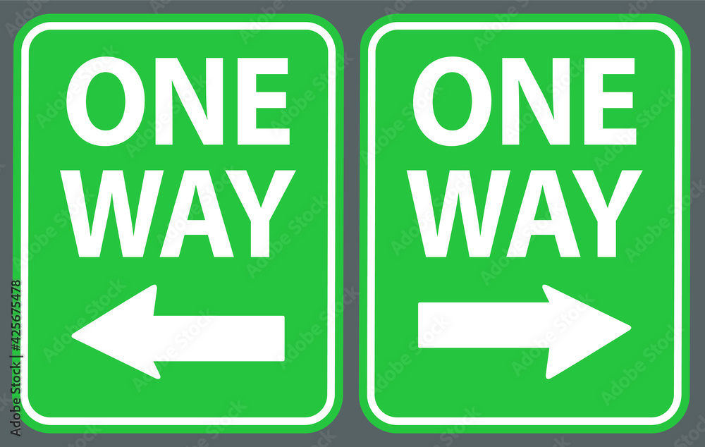 One way road sign with white wording and arrow on green background ...
