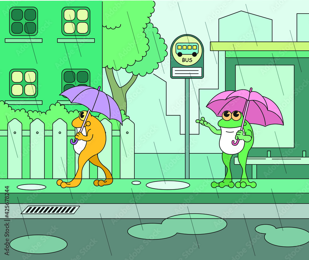 A frog standing at a bus stop wearing an umbrella on a rainy day, and a ...
