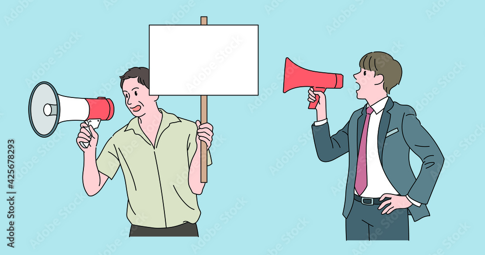 Men with loudspeakers are delivering messages. hand drawn style vector ...