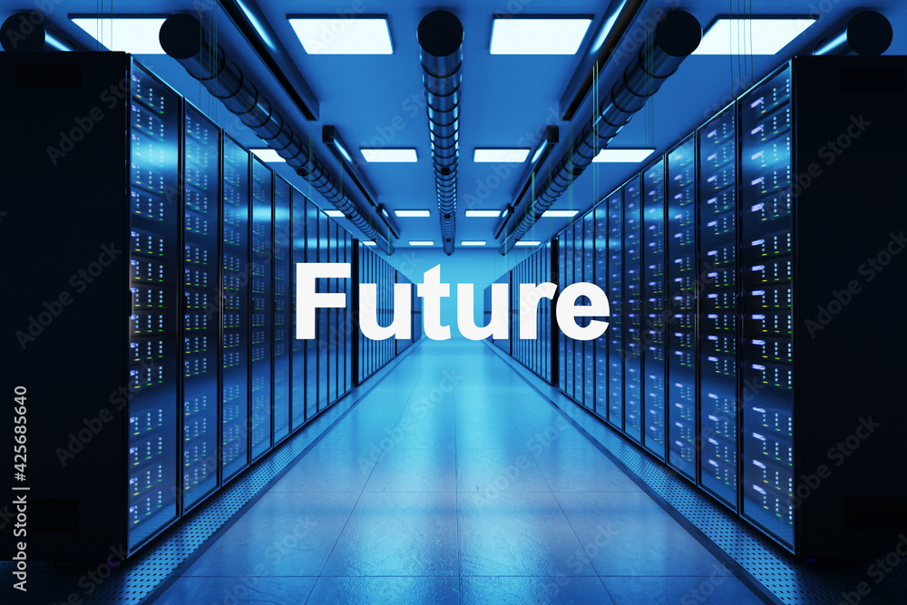future logo in large modern data center with multiple rows of network ...