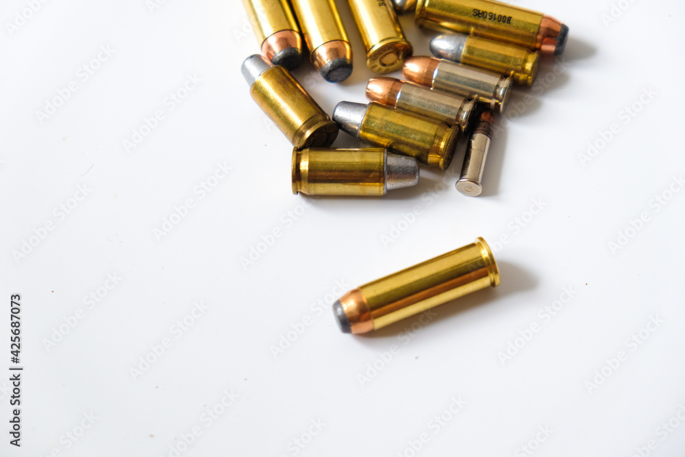 Group of hand gun bullet jhp and lrn fire arm on white background Stock ...