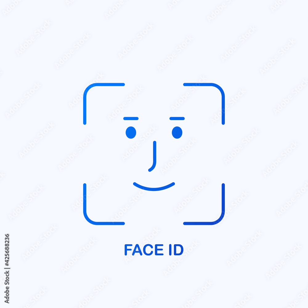 Face identification line icon. Facial recognition system sign. Biometric facial detection ...