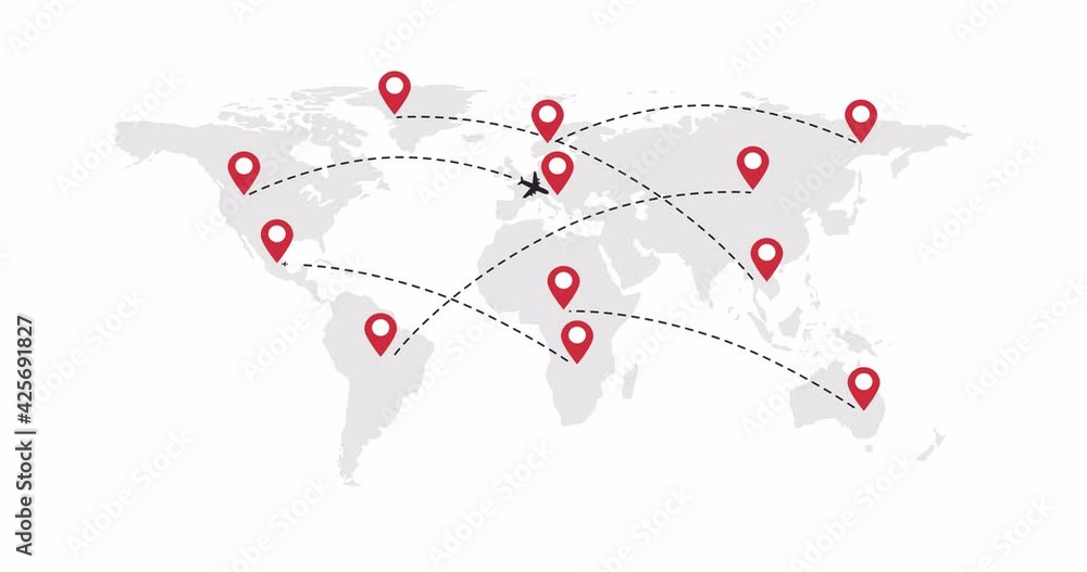 Animation of aircraft routes on the world map. Flight from one ...