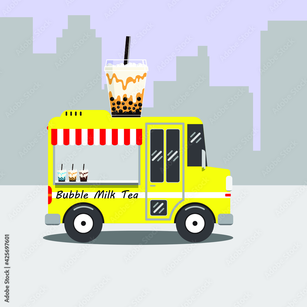 Bubble milk tea street food van. Fast food delivery. Flat design vector ...