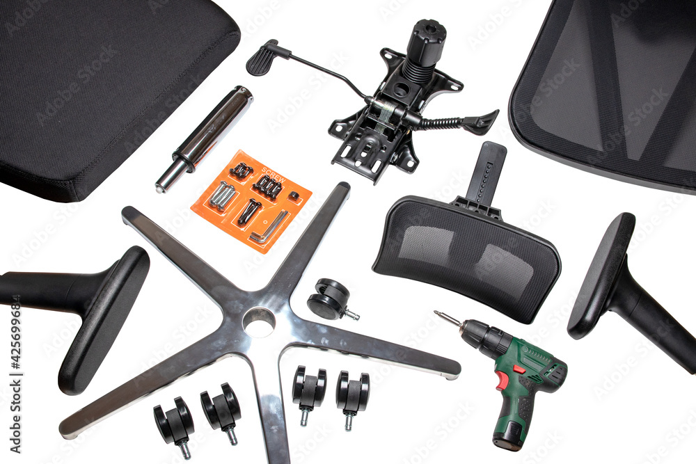 Components of an office chair. Closeup of a complete set of spare parts ...