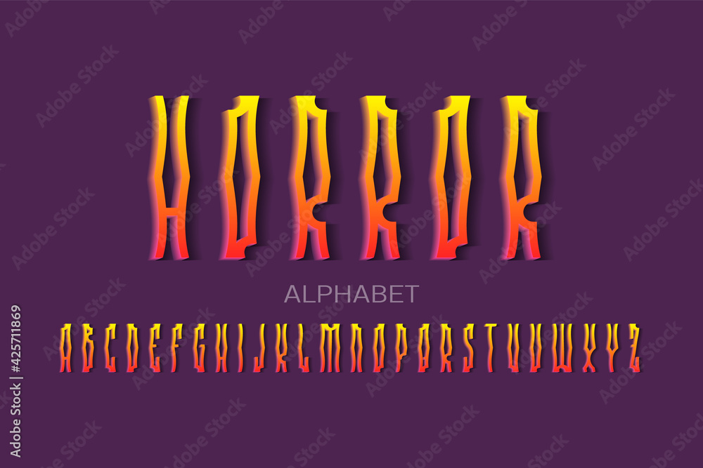 Horror alphabet of crooked fiery 3d letters. Volumetric artistic font ...
