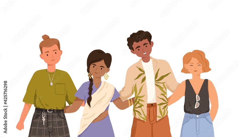 Group of happy young people of different races standing and hugging ...