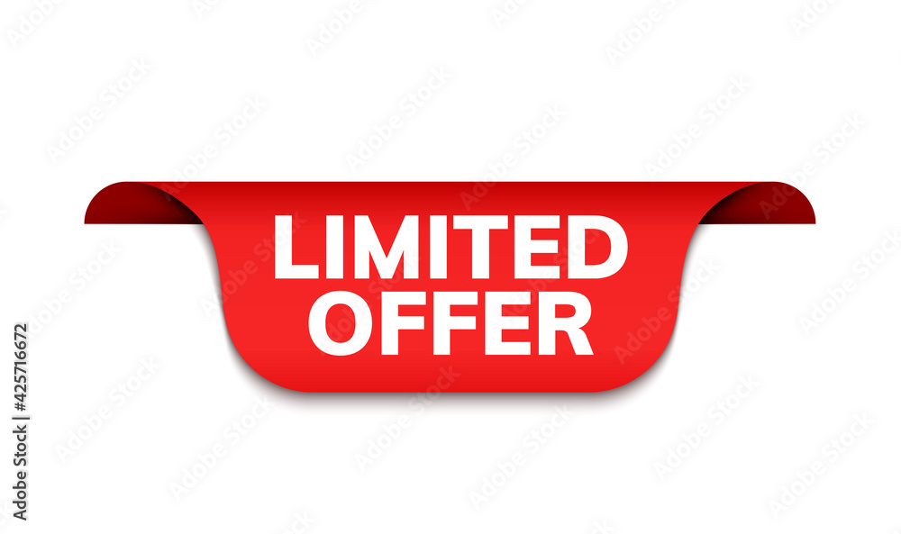 Limited offer ribbon vector banner. Red promotion label bew offer price ...