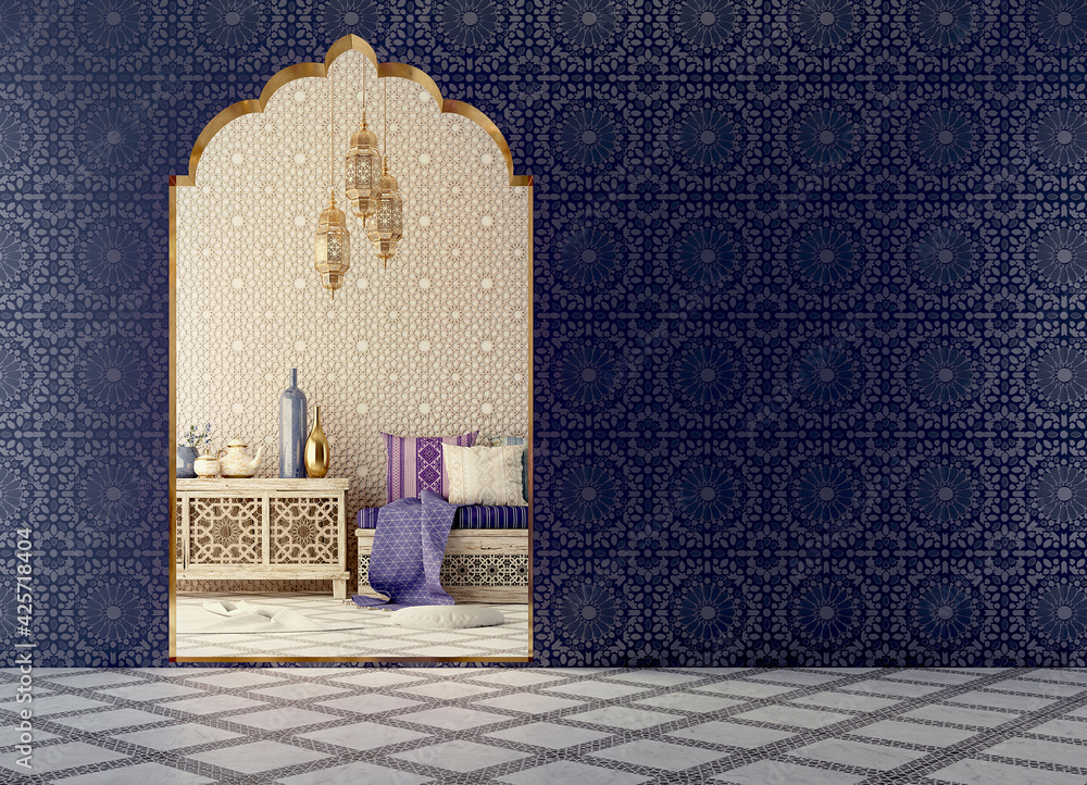 Arabic,Islamic style interior design with arch and arabic pattern.3d ...
