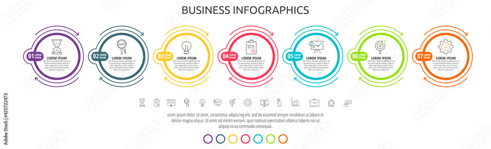 Modern line vector circles infographic with 7 steps, arrows. Seven ...