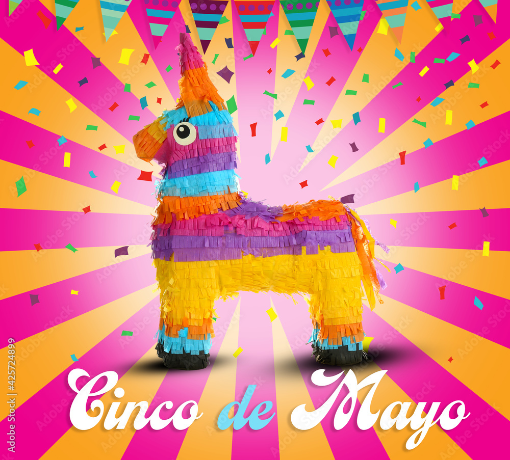 Cinco de Mayo festive poster. Bright funny pinata on color background ...