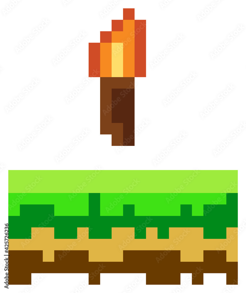 Vector pixel torch. Pixel art 8-bit. Illustration of pixelated object ... Vector pixel torch. Pixel art 8-bit. Illustration of pixelated object ...