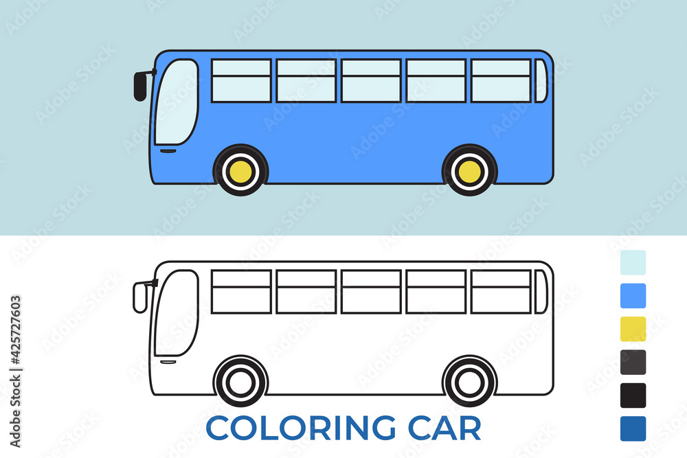 Cute cartoon blue bus. Suitable for Kids coloring page. Vector cute ...