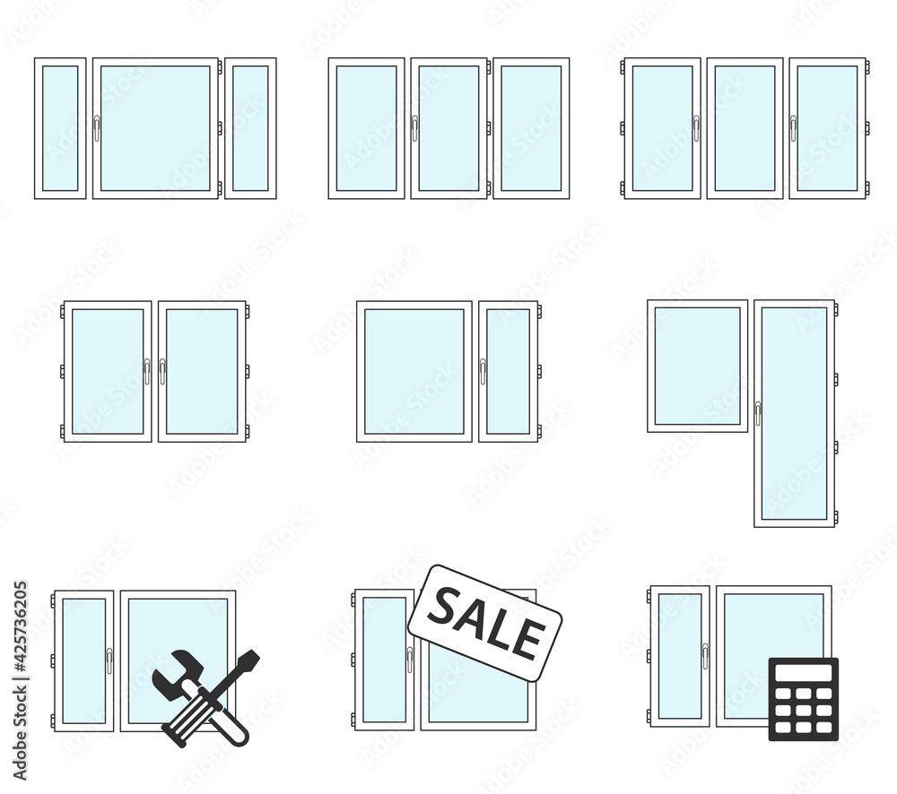 Vector window icons. Plastic windows infographics, installation and ...