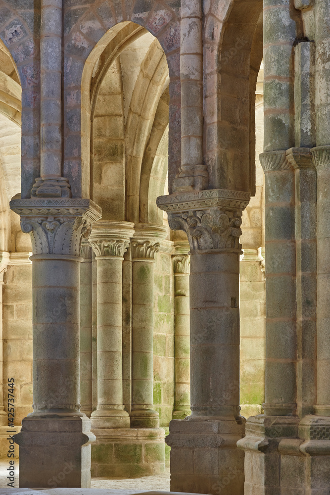 Romanesque style columns in Carboeiro monastery in Lugo. Galicia, Spain ...