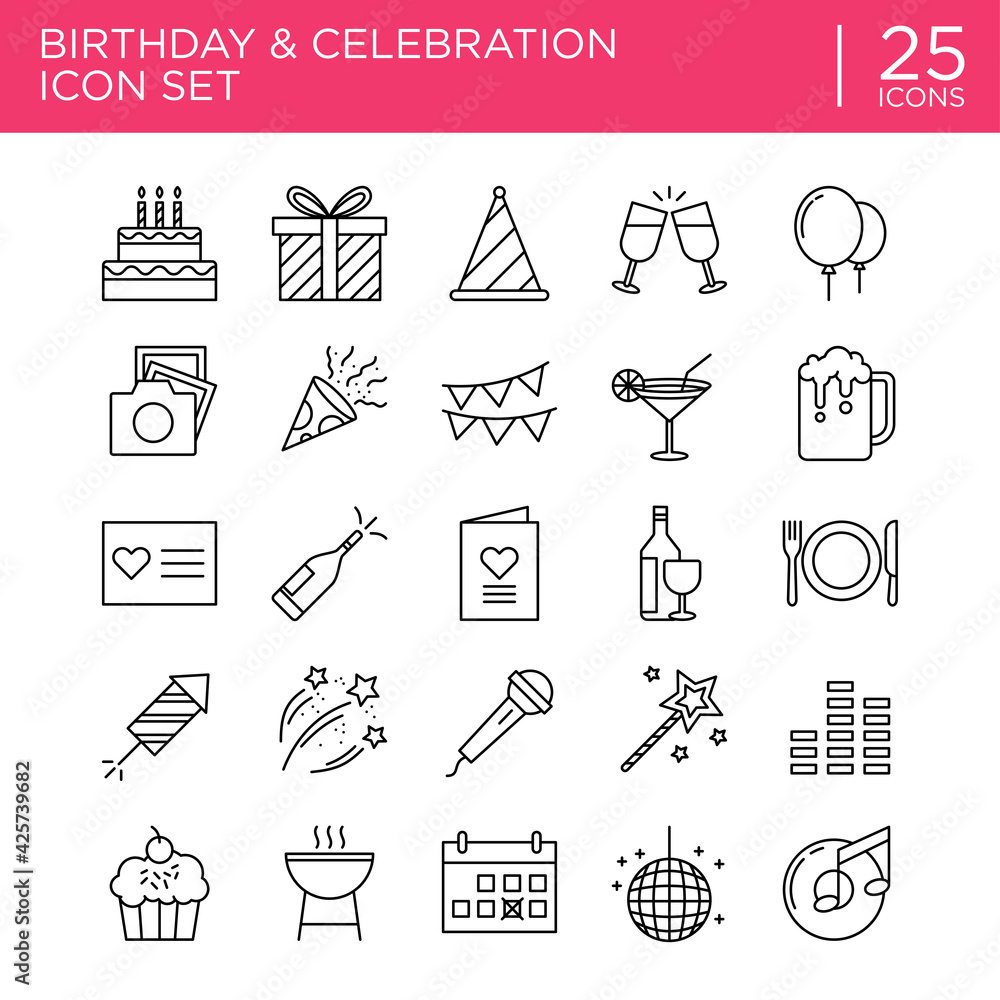 Birthday and celebration outlined icon set. Perfect for design element ...