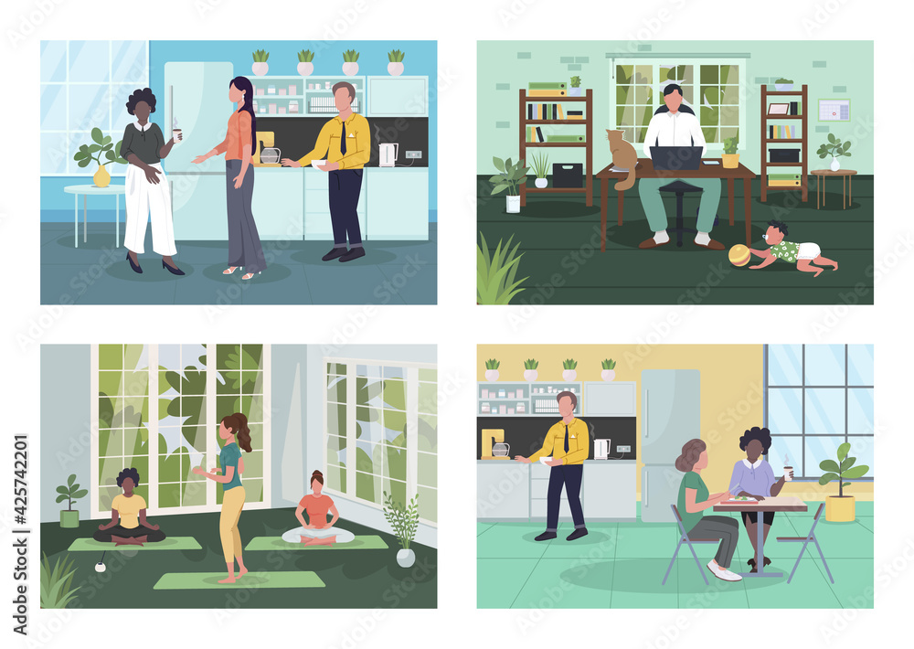 Corporate wellness flat color vector illustration set. Healthy ...