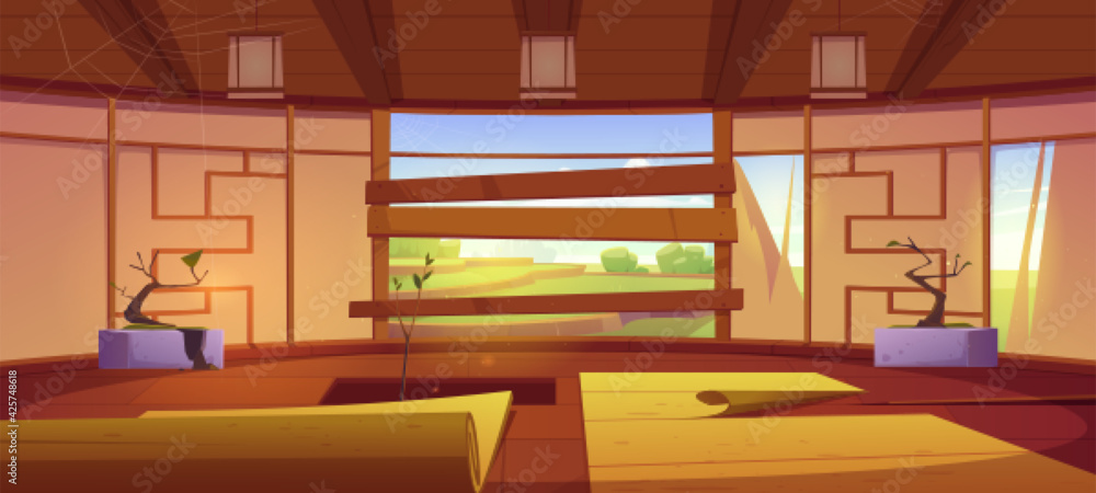 Old dojo, traditional japanese room for karate and meditation. Vector ...