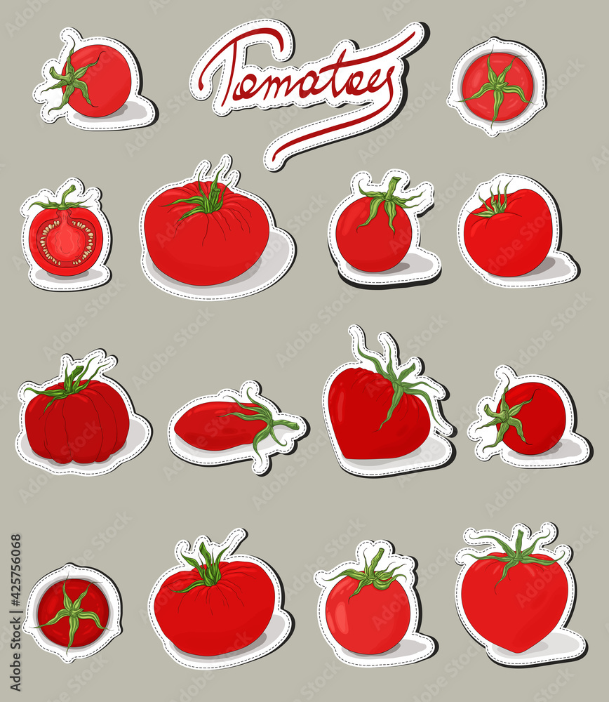 Red Tomatoes stickers set. Hand drawn Tomato ketchup badge label design ...