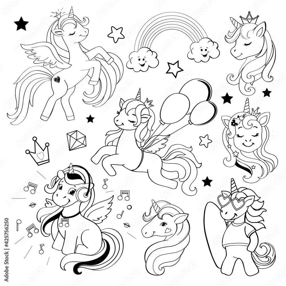 Cute summer unicorns one line collection. Vector illustration coloring ...