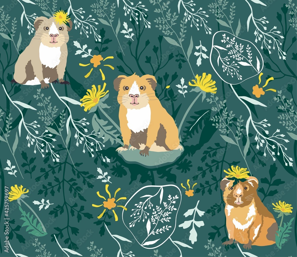 Vector seamless pattern of guinea pigs in wild herbs. Cute pet guinea ...