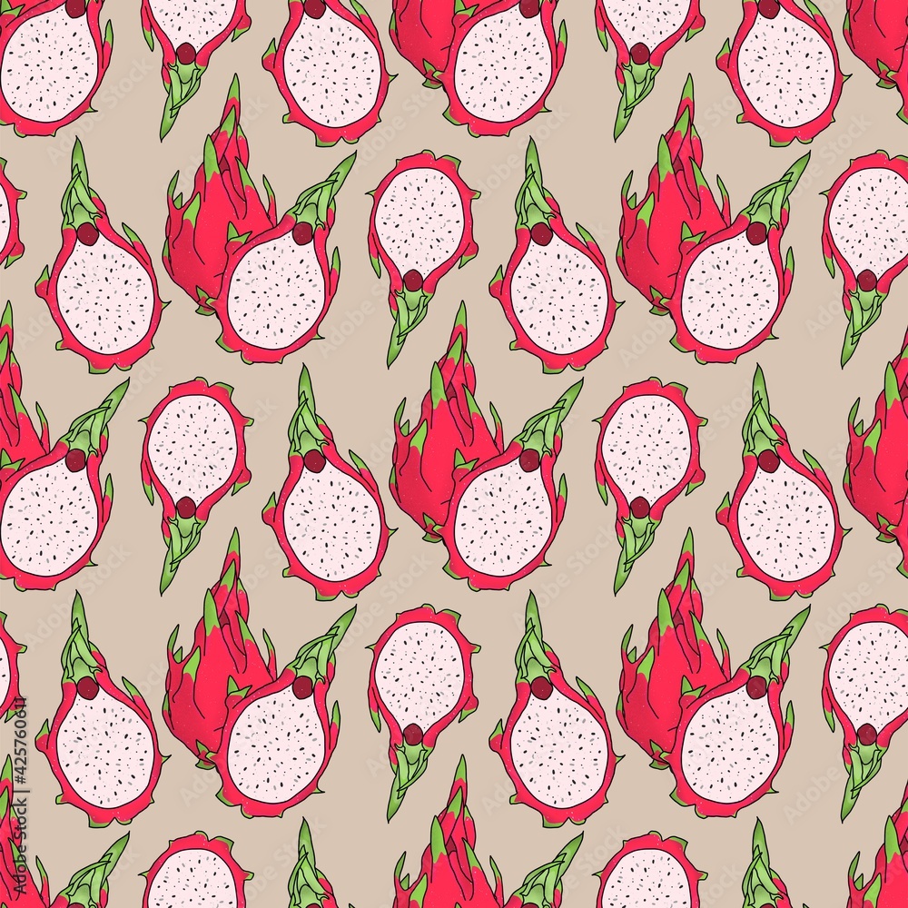 Seamless pink dragon fruit pattern. Exotic fruits on a soft background ...