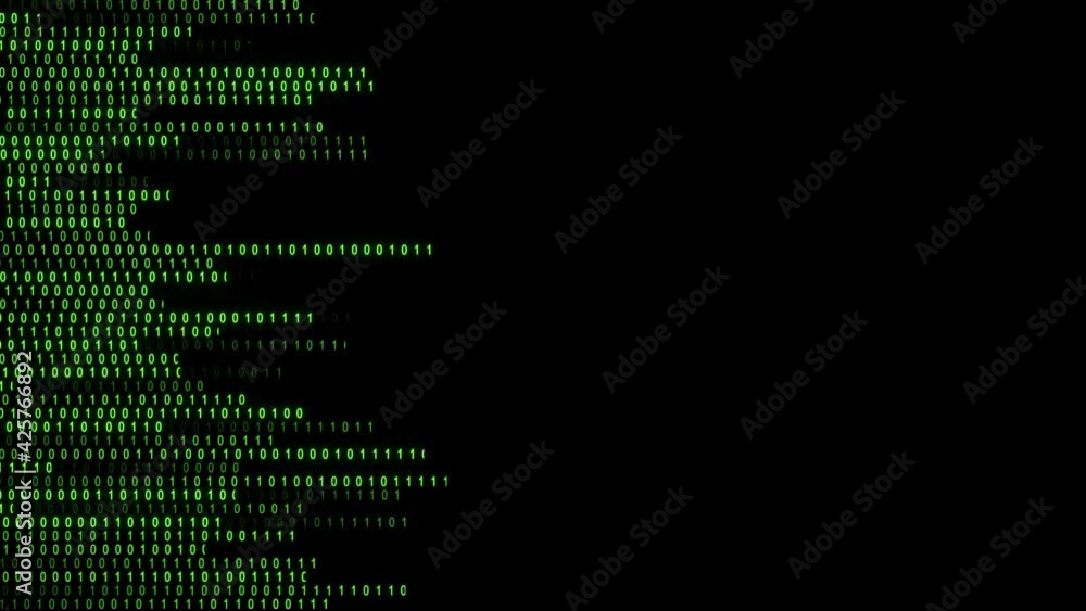 Strips of a green colour composed of bits from the binary code 0 and 1 ...