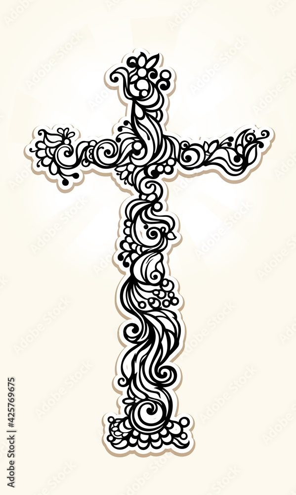 Beautiful Christian cross with a curly ornament on a light background ...