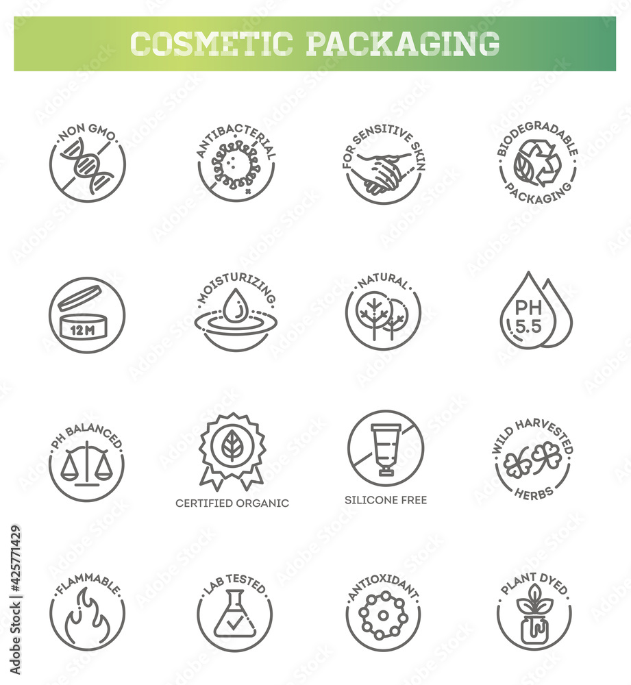 Natural organic cosmetics, vegan food symbols. Thin signs for packaging ...