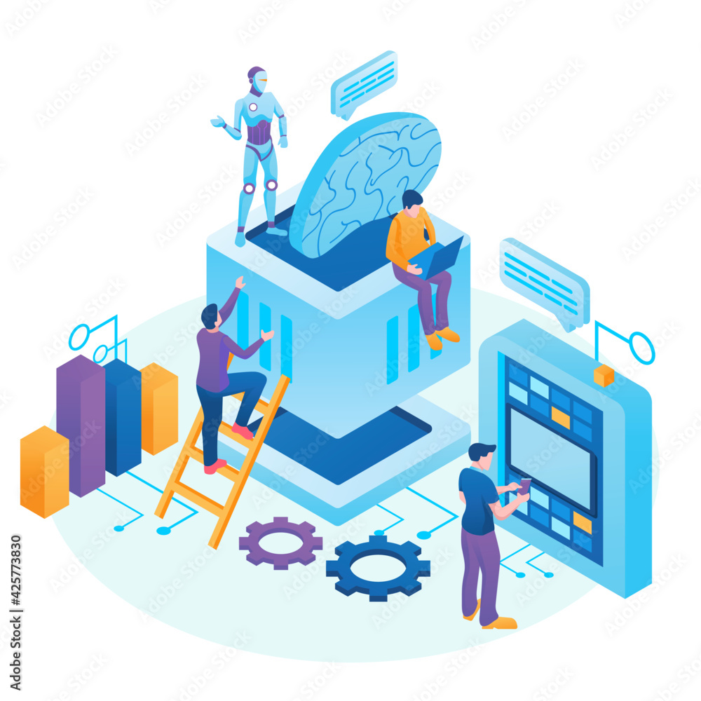 Human interactive tech interaction. Images of robot human working at ...