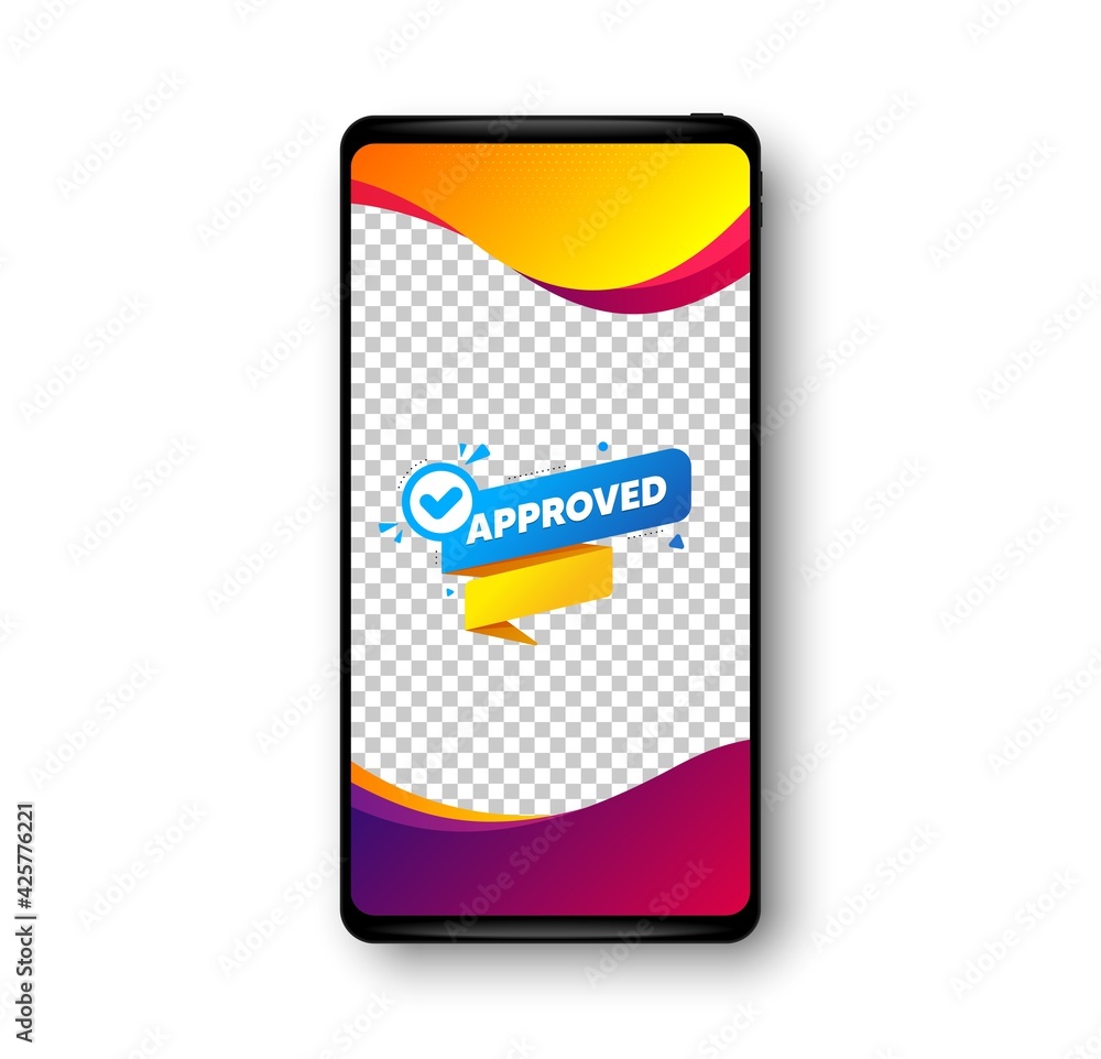 Approved paper banner. Phone mockup vector banner. Permission quality ...