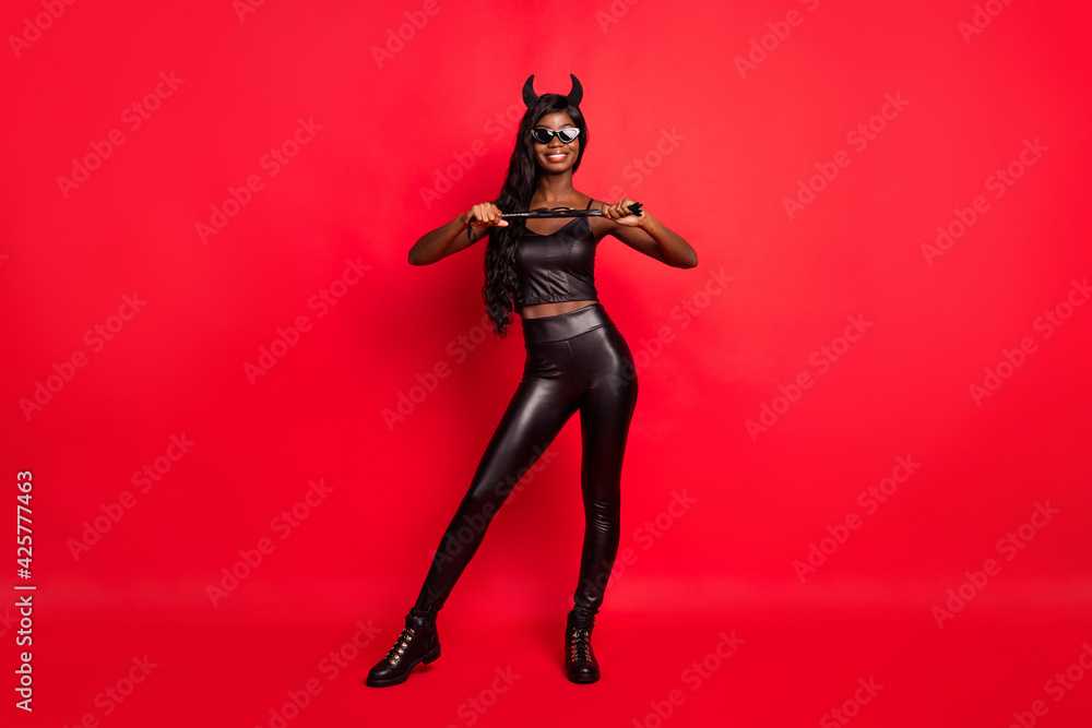 Full length photo portrait of african american devil girl with leather ...