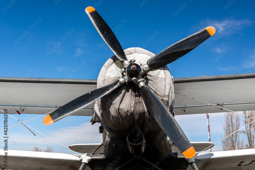 AN-2 airplane - front view: propeller with four blades, wing and wheels ...