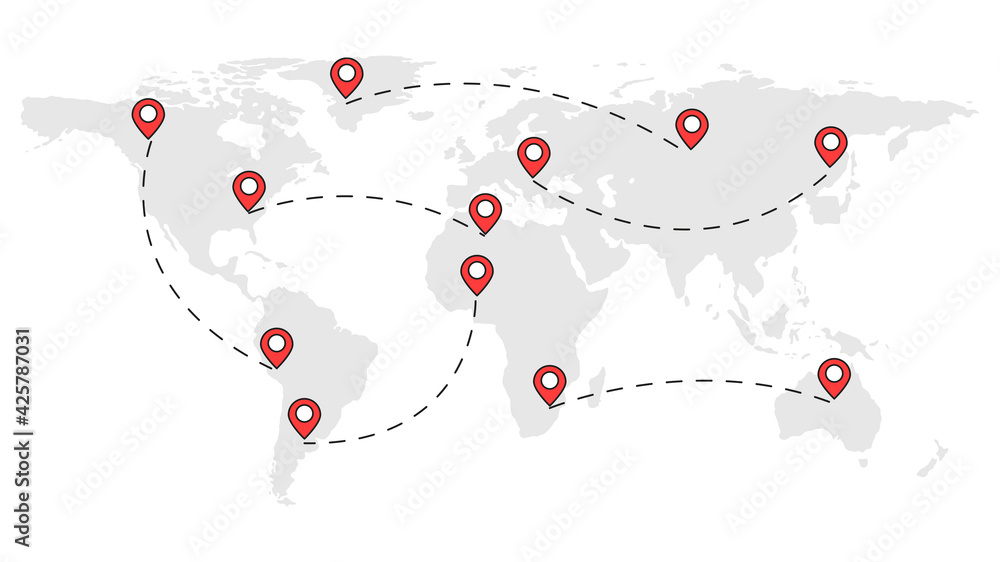Location icons on the world map with a route in the form of dashed ...