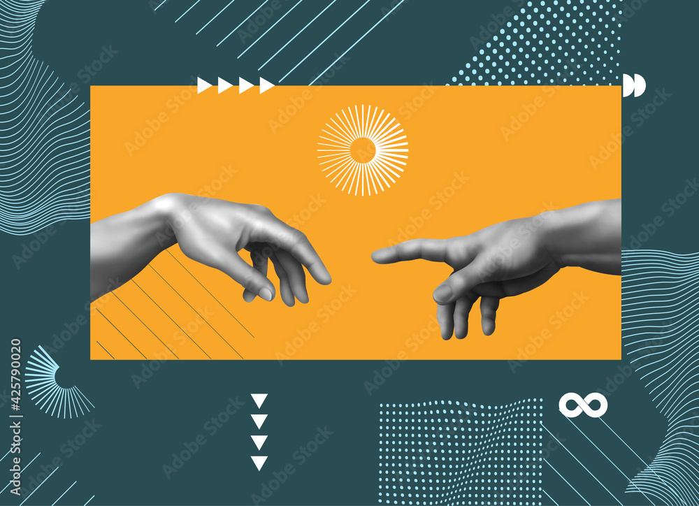 Creation of Adam. Colorful contemporary art collage. Memphis style ...