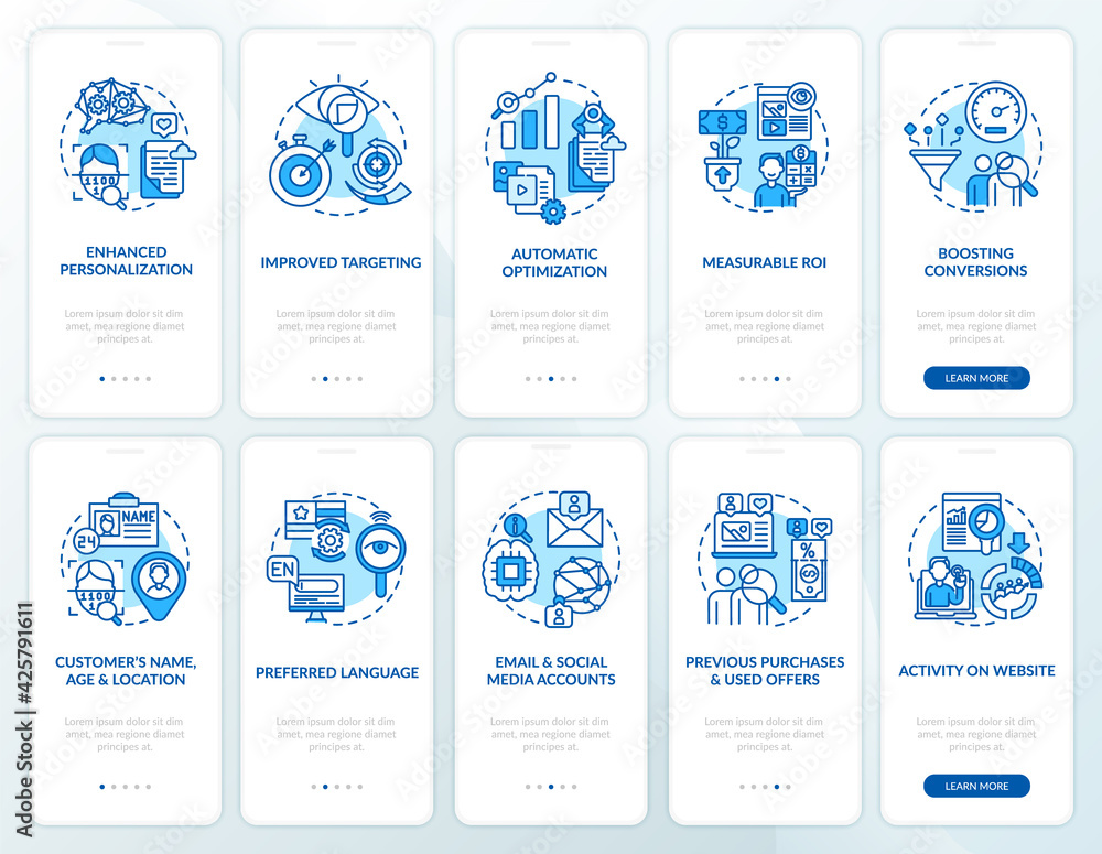 Smart content blue onboarding mobile app page screen with concepts set ...