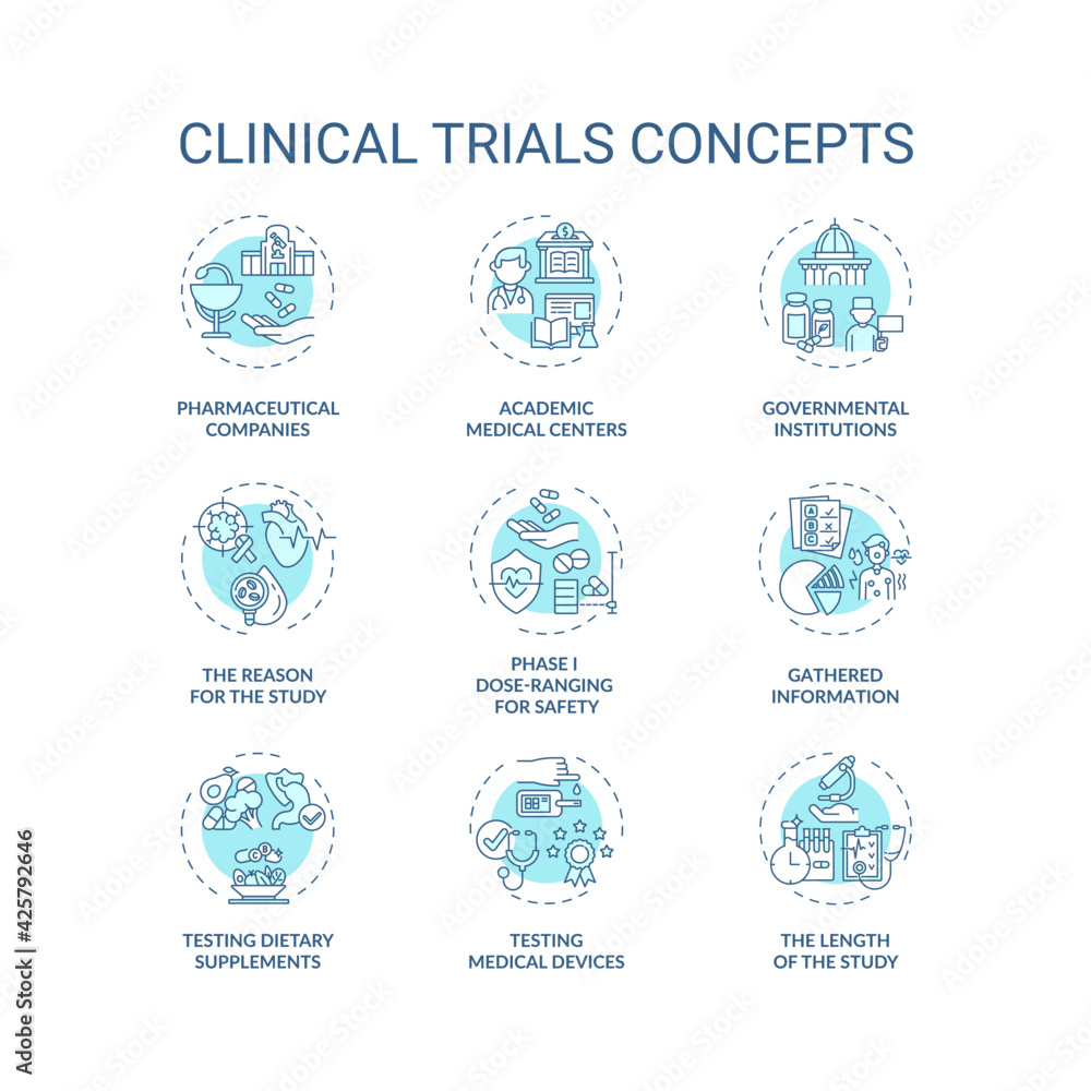 Clinical trials concept icons set. Medical studies idea thin line RGB ...