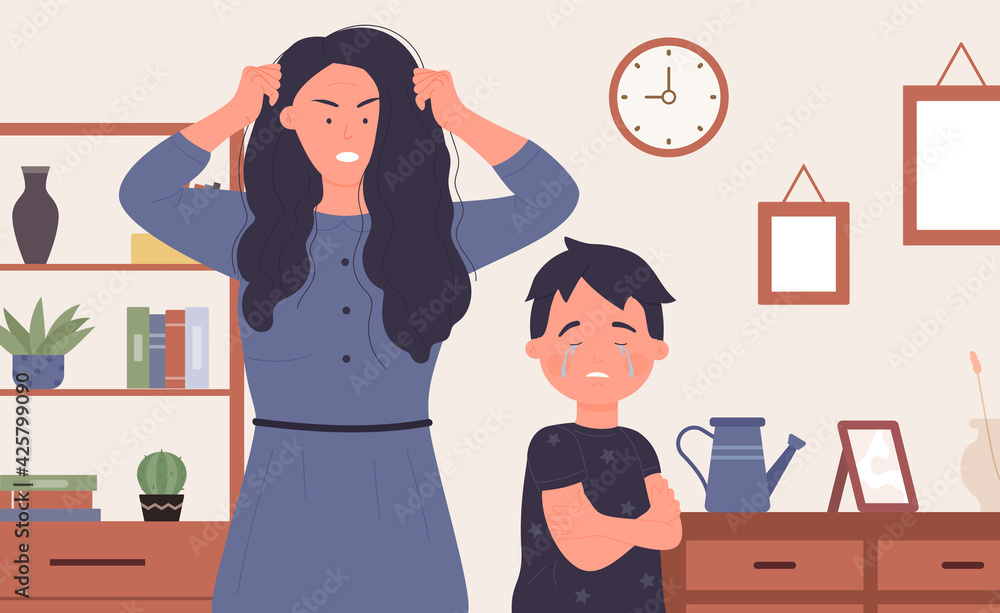 Family abuse vector illustration. Cartoon young angry mother screaming ...