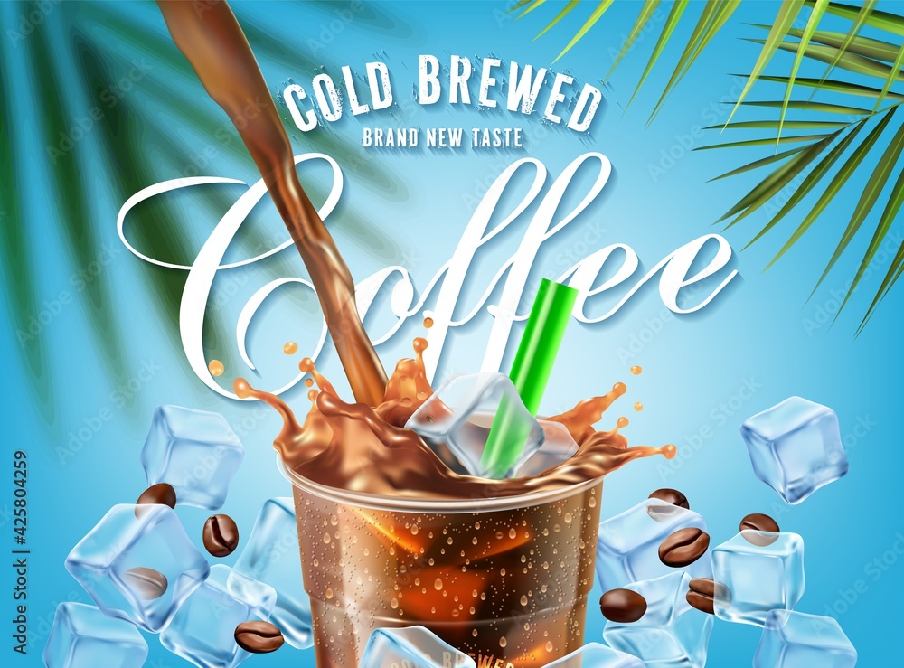 New Iced coffee ads on summer ocean beach scene. Cold brewed drink in ...