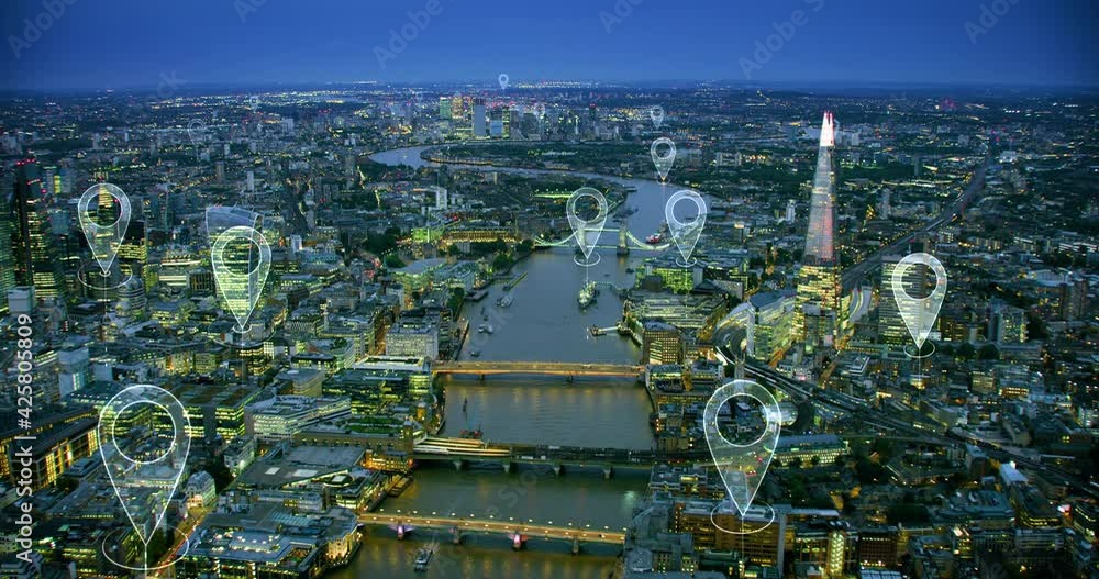 Aerial smart city. Localization icons in a connected futuristic city ...