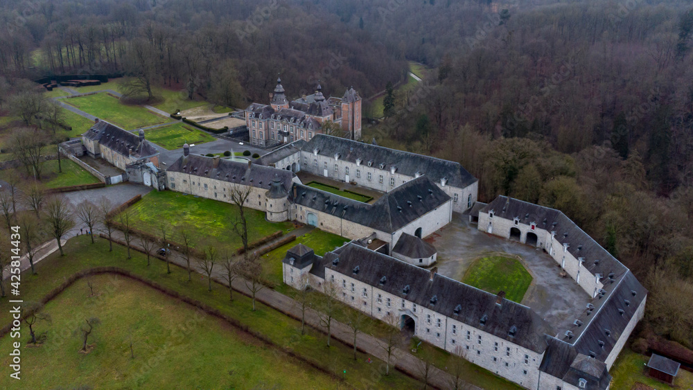 Aerial view of Modave Castle (Château de Modave) and its dependencies ...