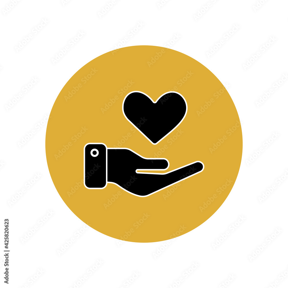 Give love. Heart icon in hand in a yellow circle. A symbol of love ...